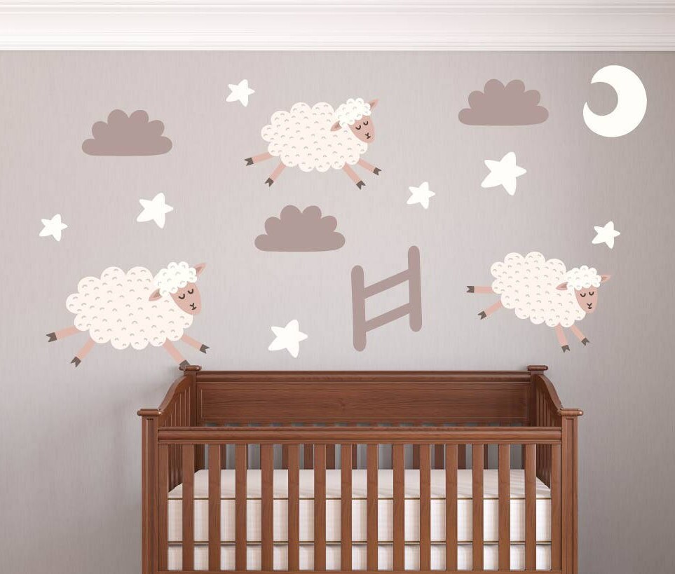 Lamb Over the Moon Wall Decal, Sheep Jumping Over Moon, Clouds Decal ...