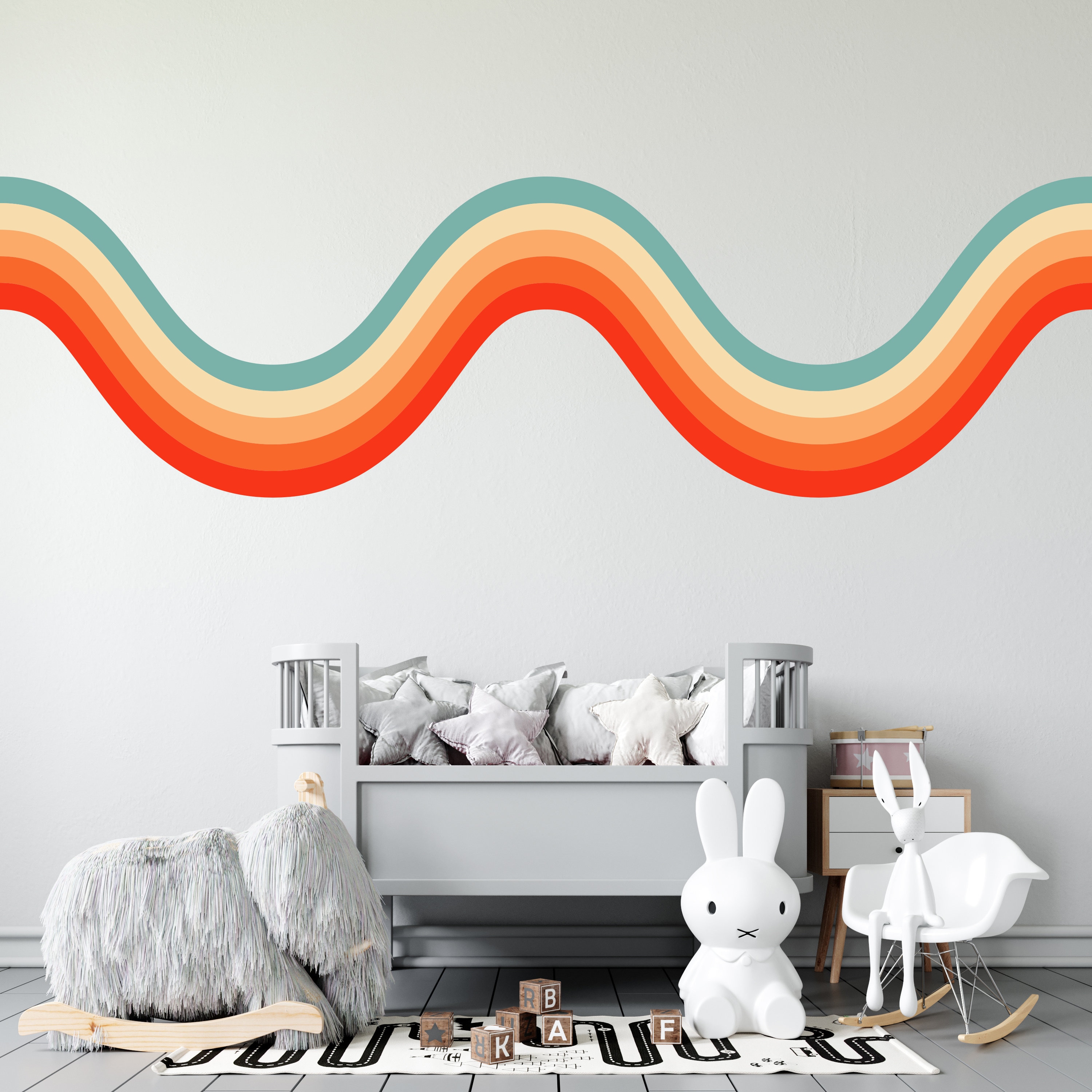 Wavy Retro Stripe Rainbow Wall Decal, Nursery Room Wall Decor, Retro ...