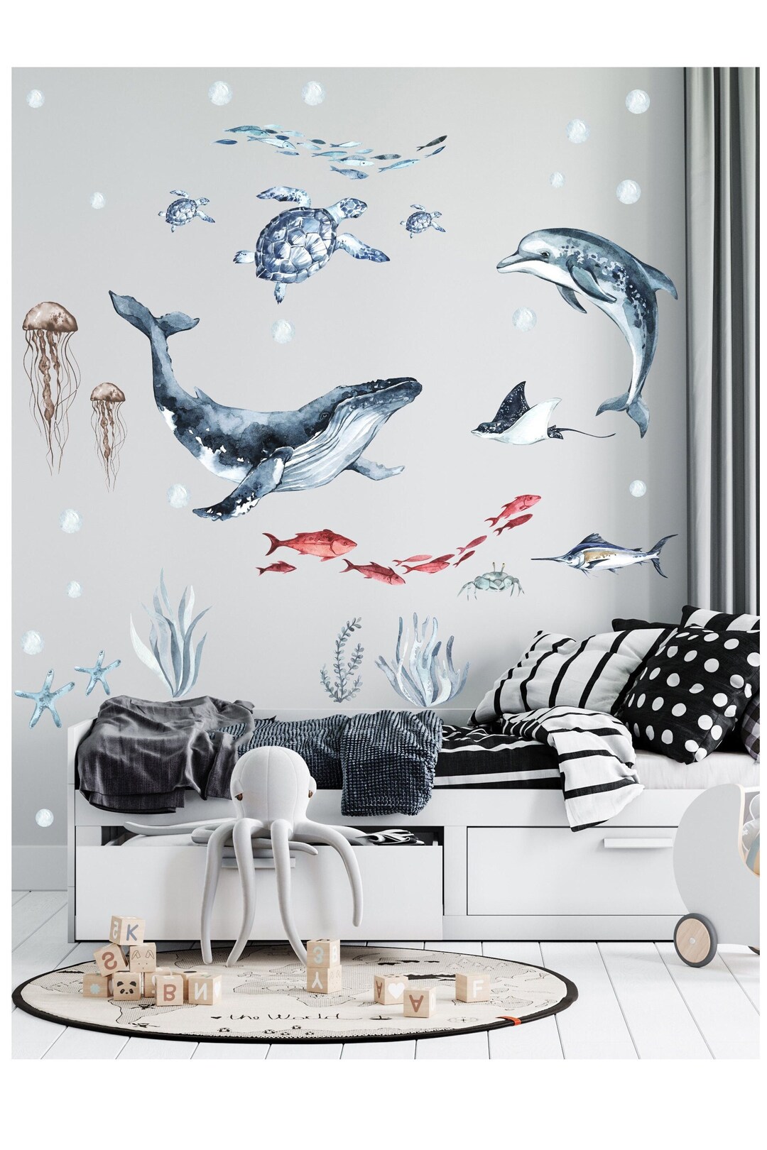 Sea Life Watercolor Wall Decal, Dolphin and Whale Peel and Stick Wall ...