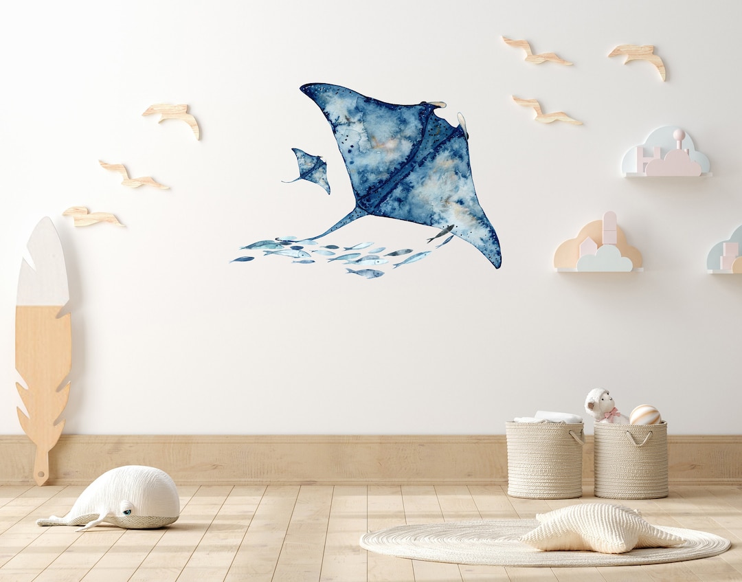 Watercolor Manta Ray Wall Decal, Ocean Sealife Fabric Wall Sticker ...