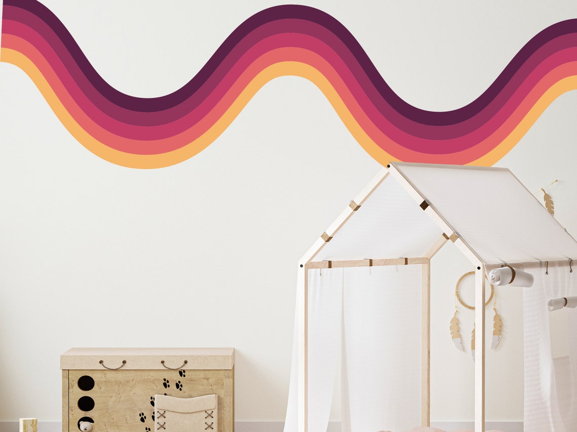 Wavy Retro Stripe Rainbow Wall Decal, Nursery Room Wall Decor, Retro ...