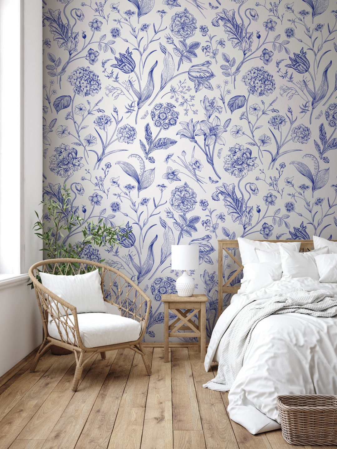 Floral Wallpaper Peel and Stick Fabric, Botanical Wallpaper With Blue ...