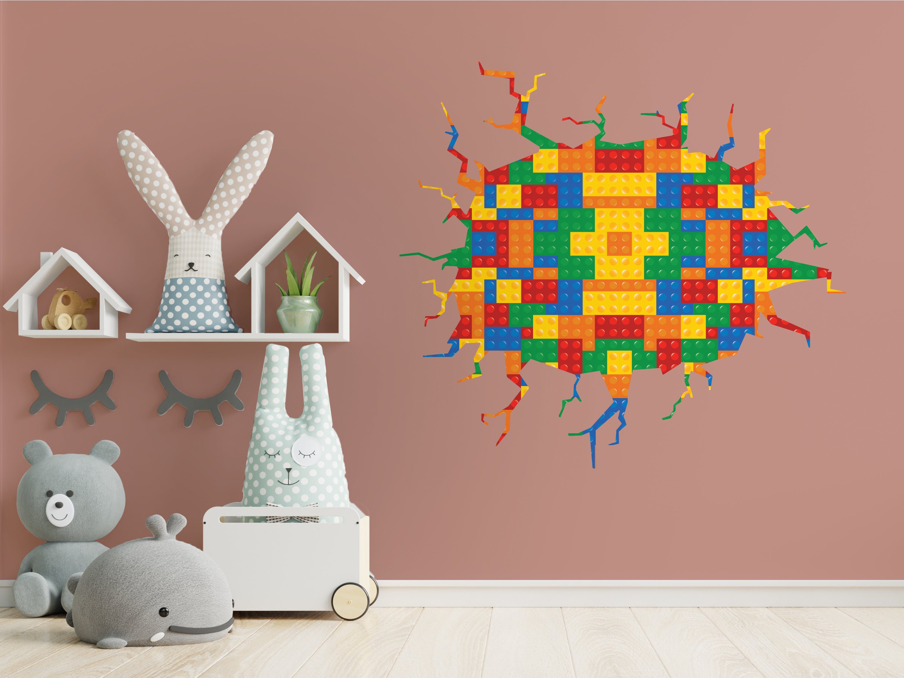 Building Blocks Wall Decal, Fabric Mural, Crack in the Wall, Colorful ...