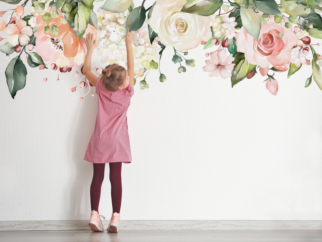 Pink Rose Floral Wall Decal, Blush & White Peonies Blooms Wall Mural ...