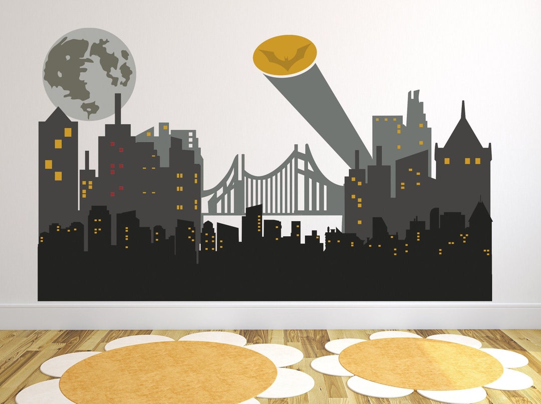 Heros City Wall Decal With Moon, Buildings With Bridge Nightlife Dark ...