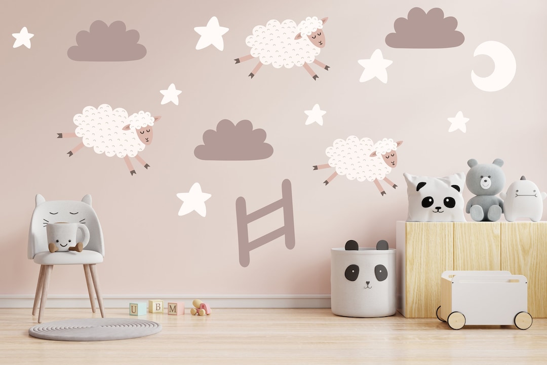 Lamb Over the Moon Wall Decal, Sheep Jumping Over Moon, Clouds Decal ...