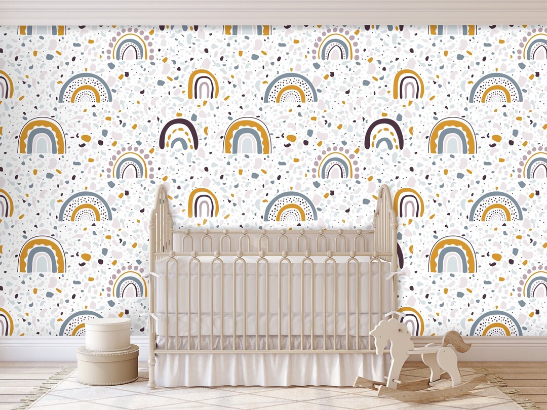 Rainbow Kids Wallpaper, Peel and Stick Fabric, Rainbows With Marble ...