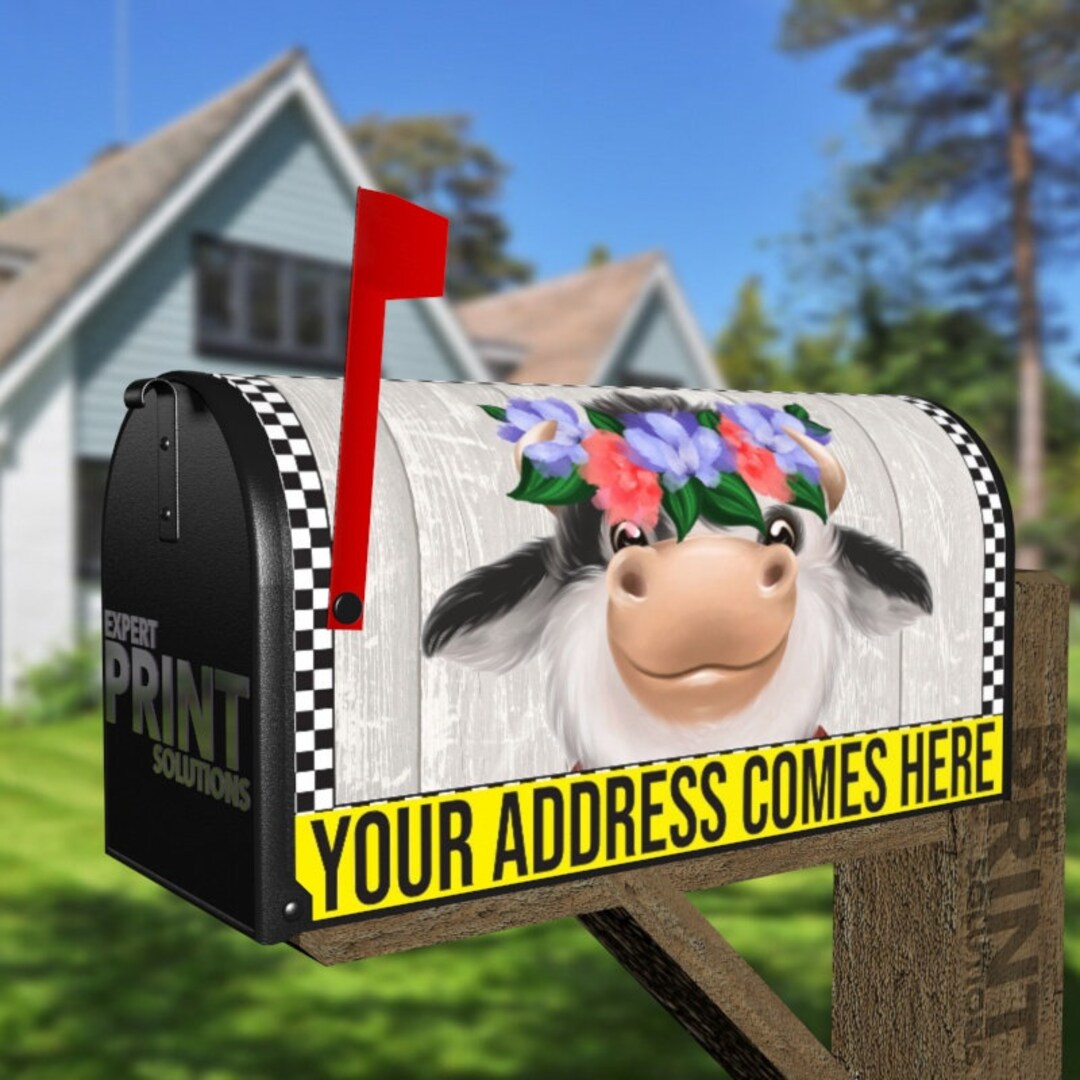 Cute Farmhouse Cow With Flower Wreath Decorative Curbside Farm Mailbox ...