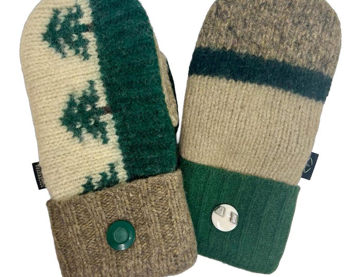Tree Mittens, Boiled Wool Sweater Mittens, Fleece Lined, One of a Kind ...