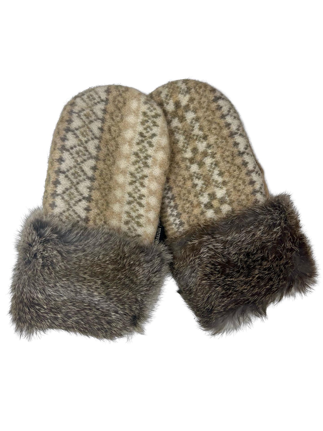 Upcycled Wool Sweater Mittens With Fur Trim, Fleece Lined, Handmade by ...