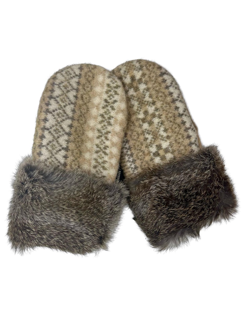 Upcycled Wool Sweater Mittens With Fur Trim, Fleece Lined, Handmade by ...