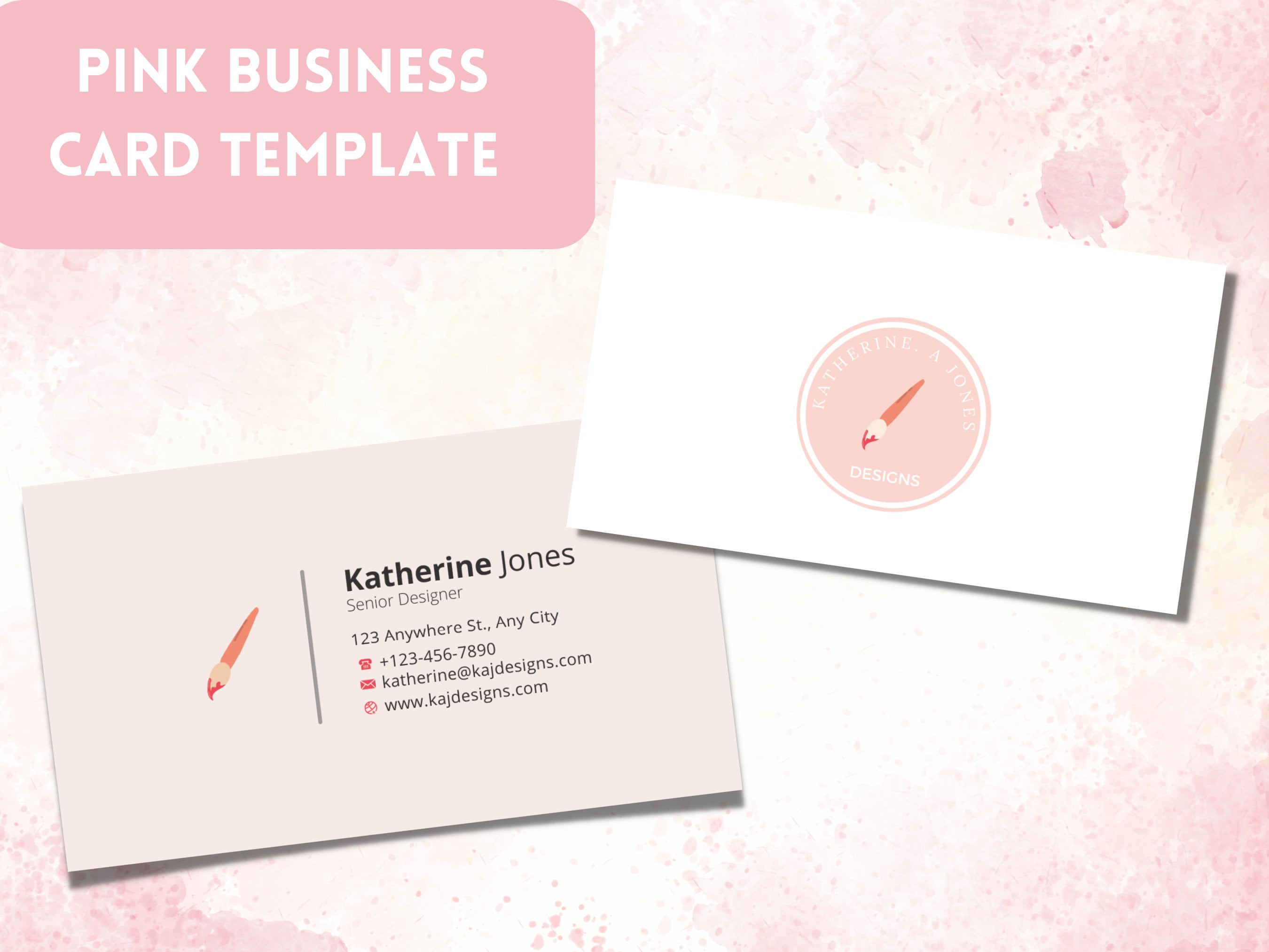 Printable Business Card Template, Pink Business Card Template, Instant ...