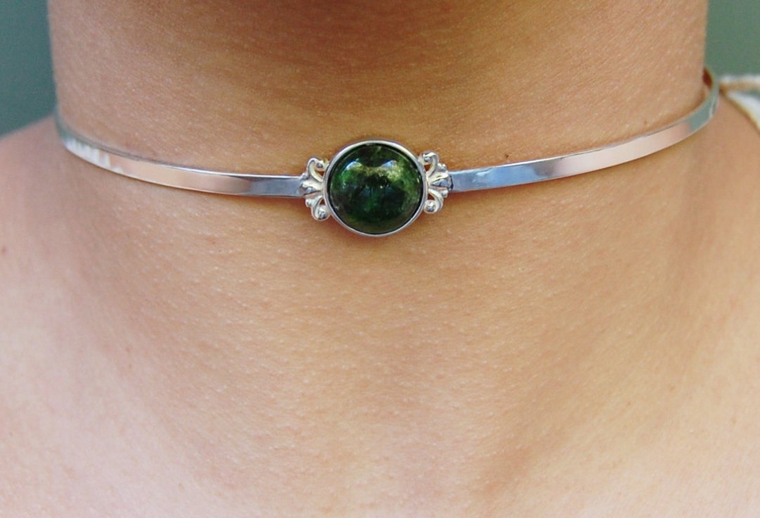 Discreet Solid 925 Sterling Silver Neck Cuff With Genuine Green ...