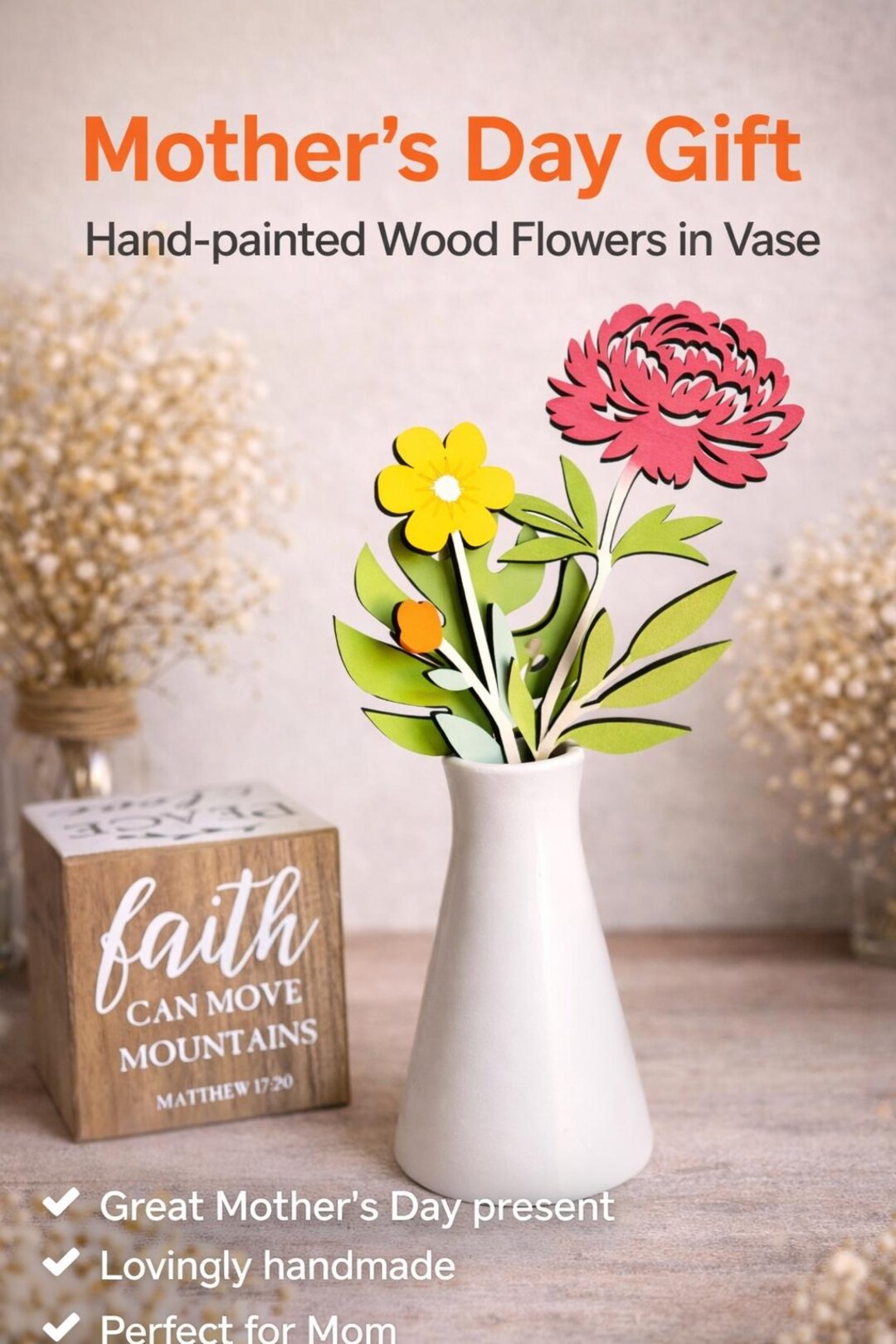Wooden Stem Flowers Mother's Day Gift/beautiful, Durable & Hand-painted ...