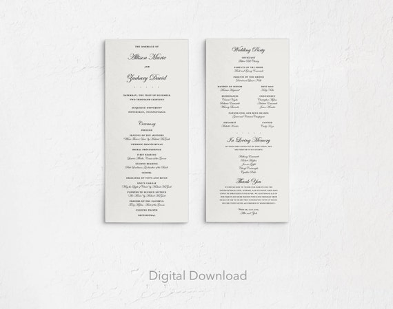 Editable Classic Wedding Program 4.25 X 11 DIGITAL DOWNLOAD | Etsy