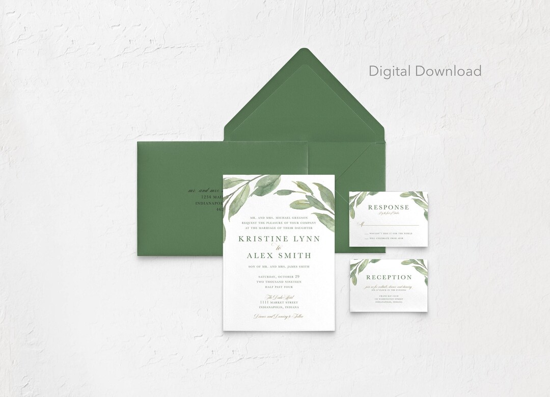 Green Leaf Wedding Invitation Set, Digital Download, Printable, Garden ...