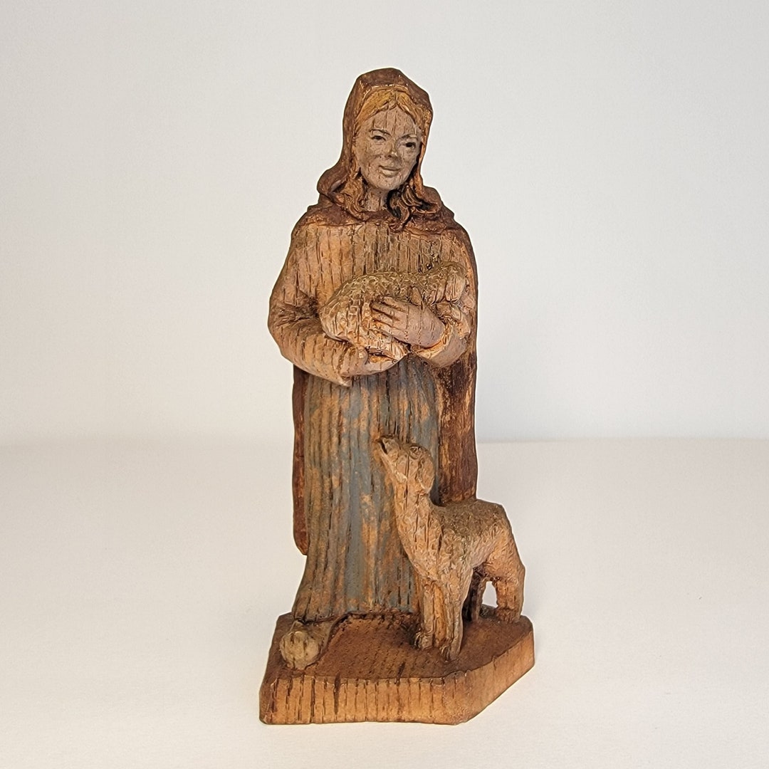 Detailed Hand Carved Wood Figurine, Woman With Lambs, SIC Made in ...