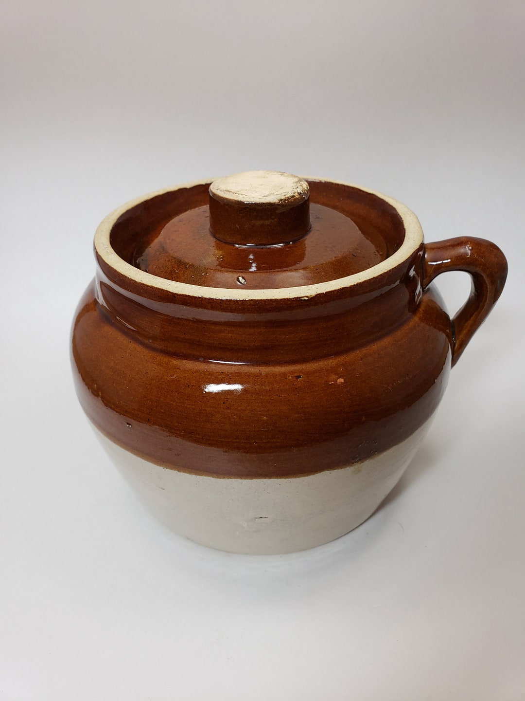 Antique Pre-1930's, Banded Clay Pottery Crock, Bean Pot Crock With Lid ...