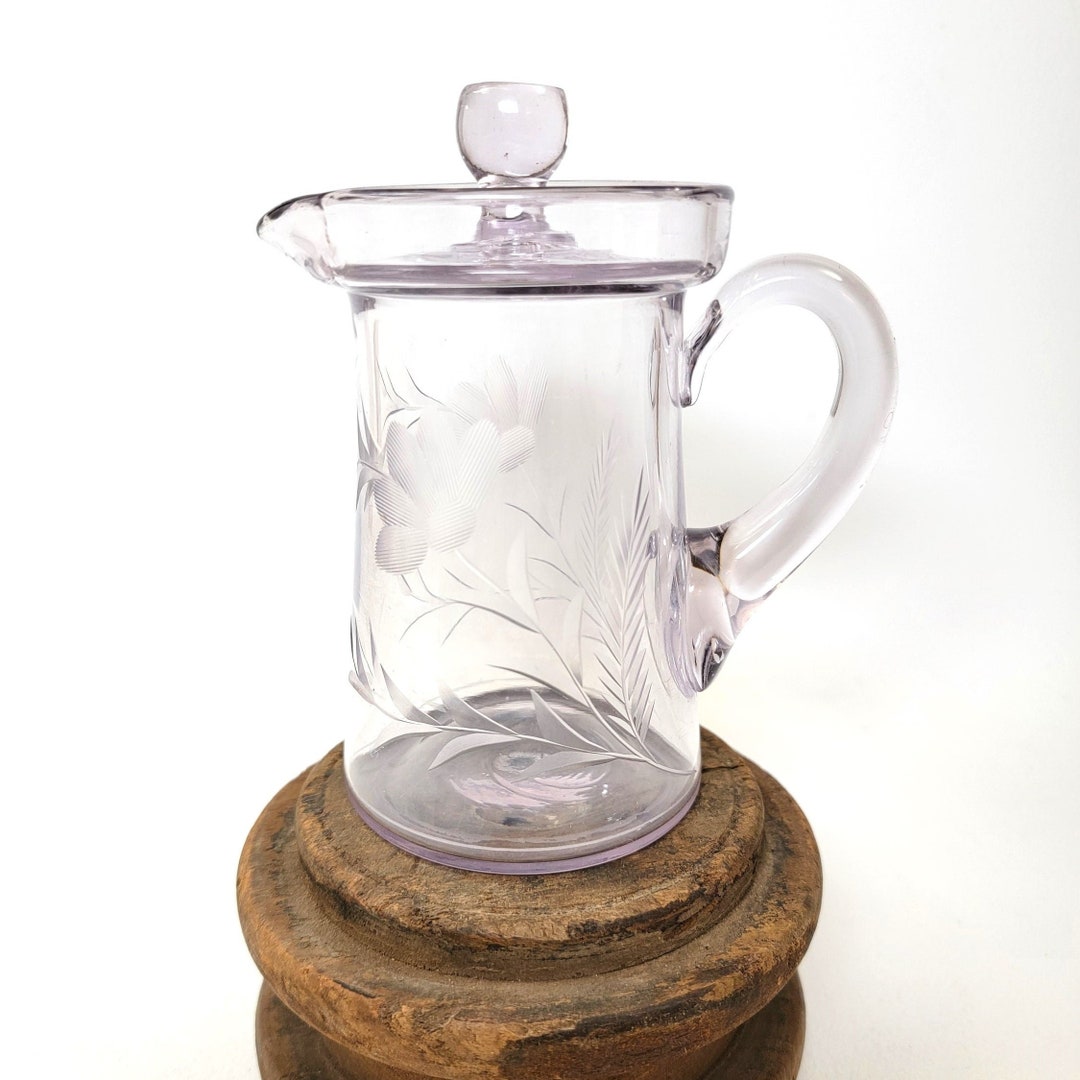 Vintage Small Glass Pitcher With Lid, Etched Floral Designs, Lilac ...