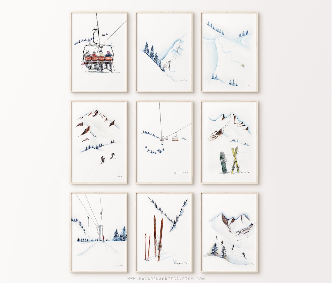 SKIING ART SET of 9 Prints 3 of Them for Free Special Offer Mountain ...