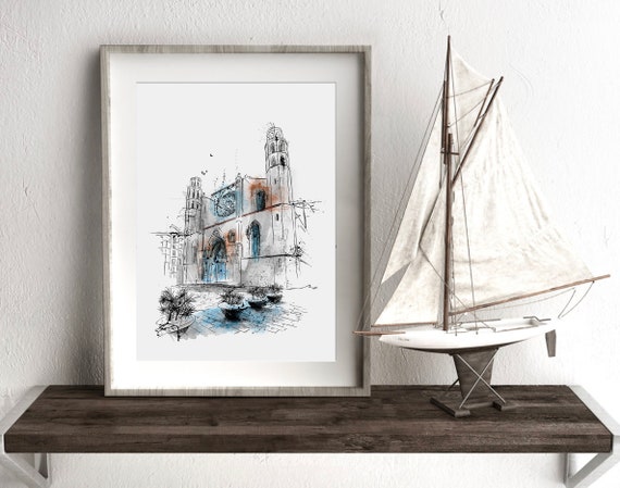 Santa Maria Del Mar Print Church Barcelona Sketch Art Print | Etsy
