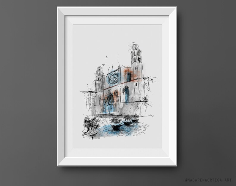 Santa Maria Del Mar Print Church Barcelona Sketch Art Print | Etsy