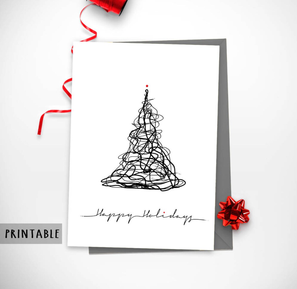Printable Christmas Tree Happy Holidays Minimal Card Christmas - Etsy
