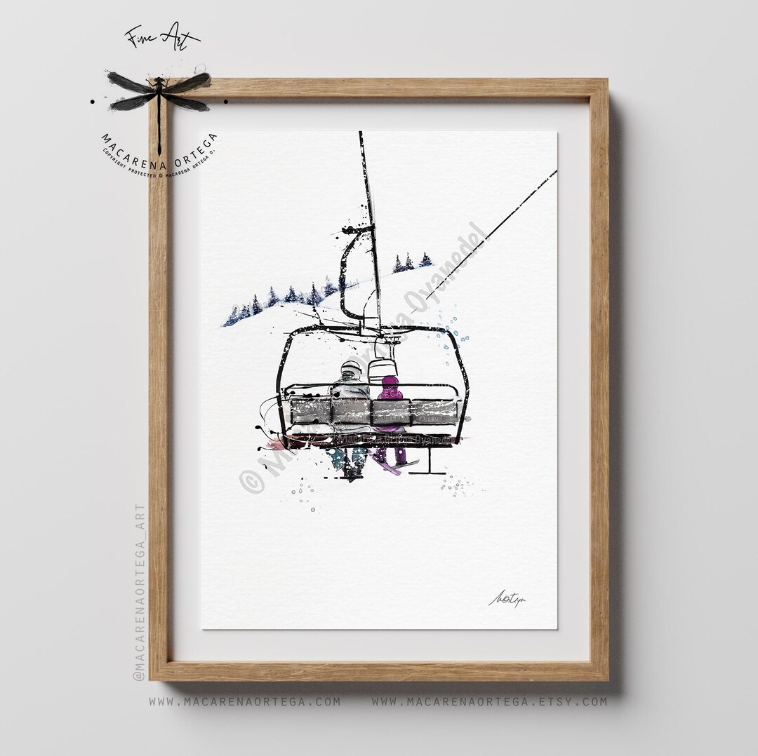 Parent and Child in Chairlift Watercolor Art Print Chairlift Painting ...