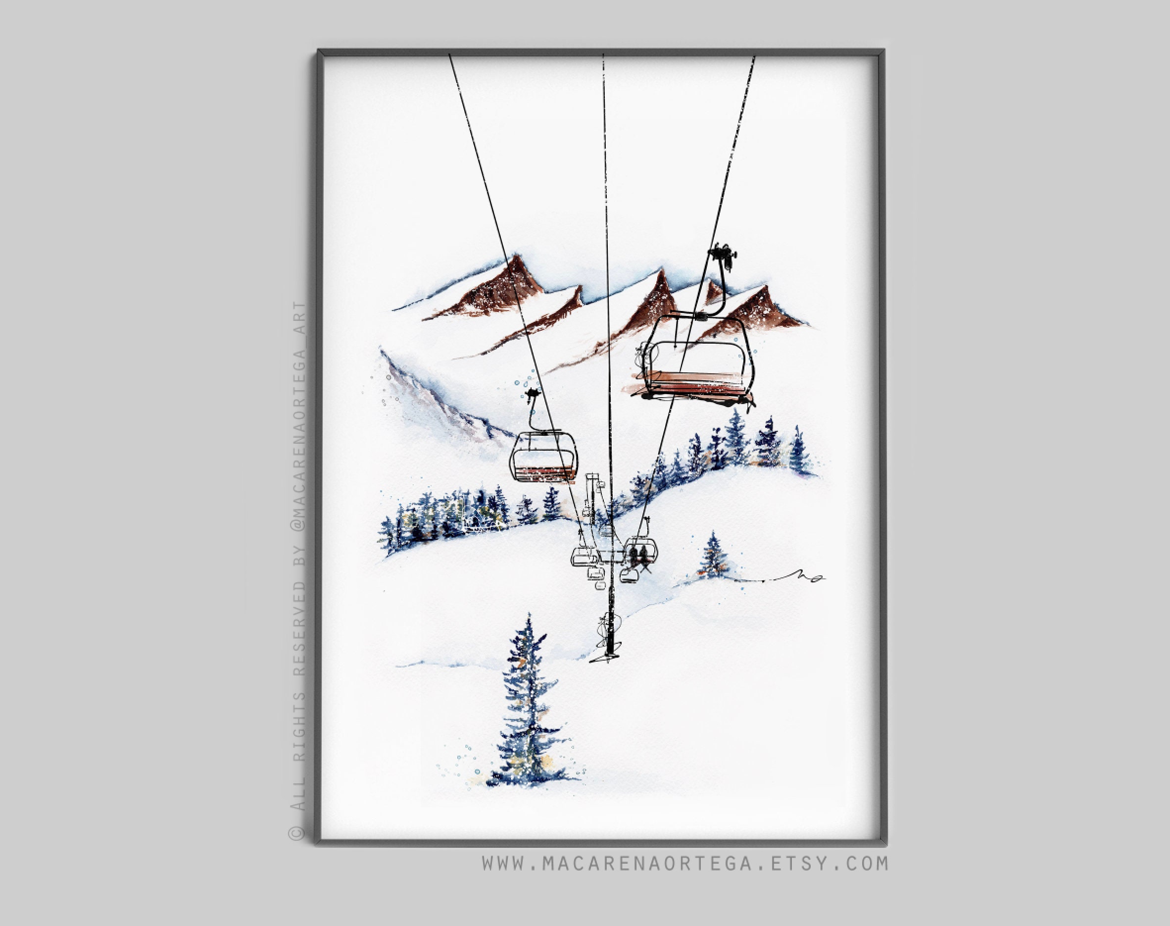 ChairLift art print watercolor (Nº60) Ski lift art skis print snow ...