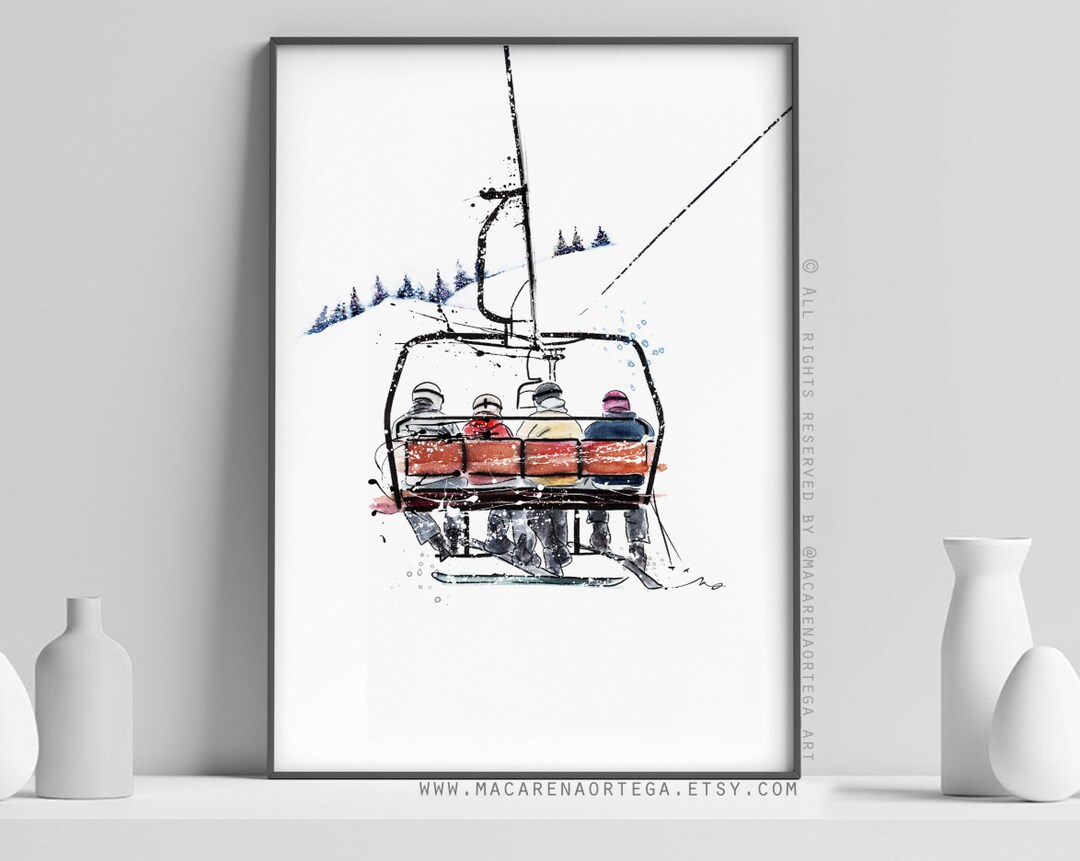 4 Friends in Chairlift Watercolor Skiers Painting Ski Lift Art Skis ...