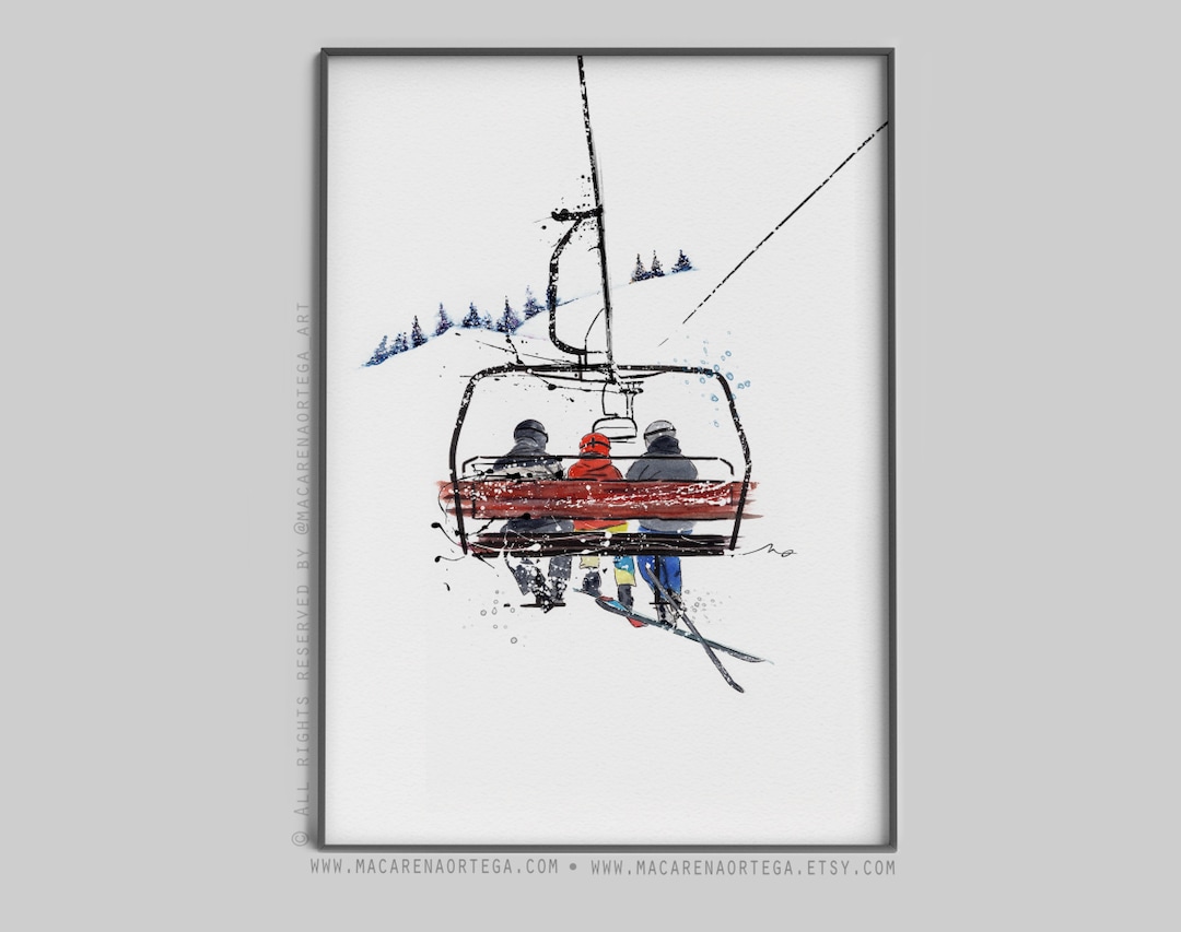Family of 3 People in Chairlift Art Print Skilift Watercolor Skier Ski ...