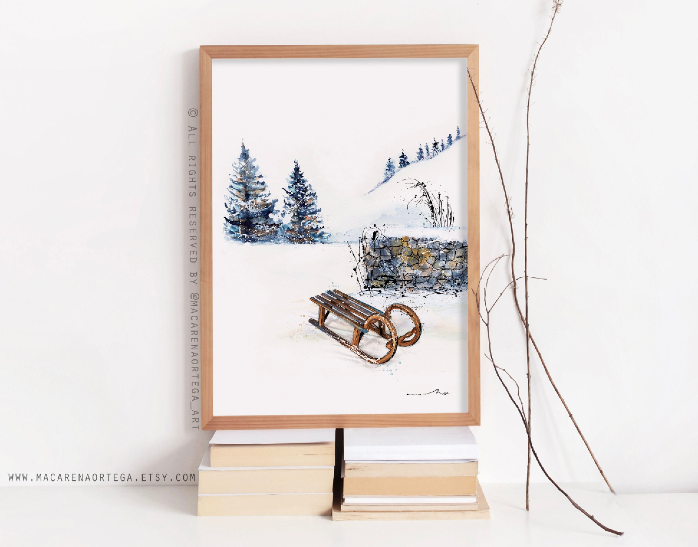 Old SLED art Sled painting wooden print Ski watercolor Sport landscape ...