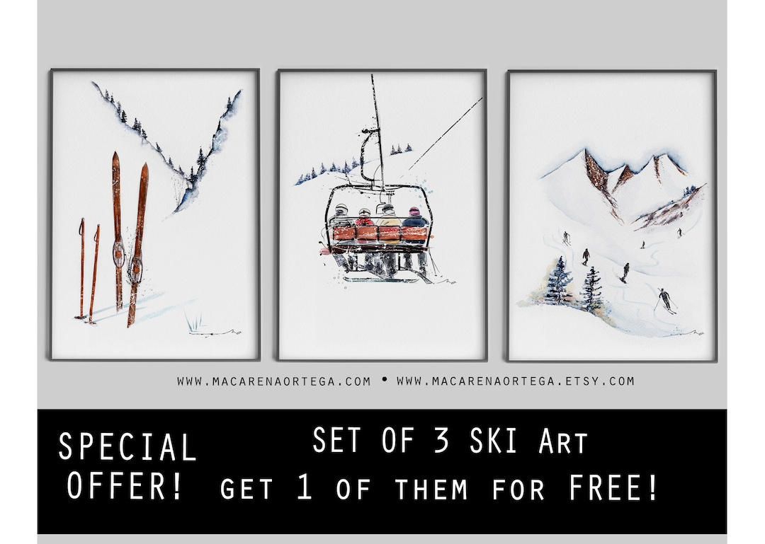 SKIING ART SET of 3 Prints 1 of Them for Free Special Offer Mountain ...