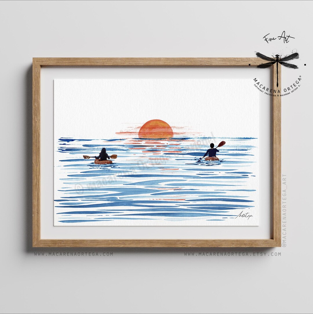 Kayaking Sunset Watercolor Art Print | Canoeing Sea Decor, Summer House ...