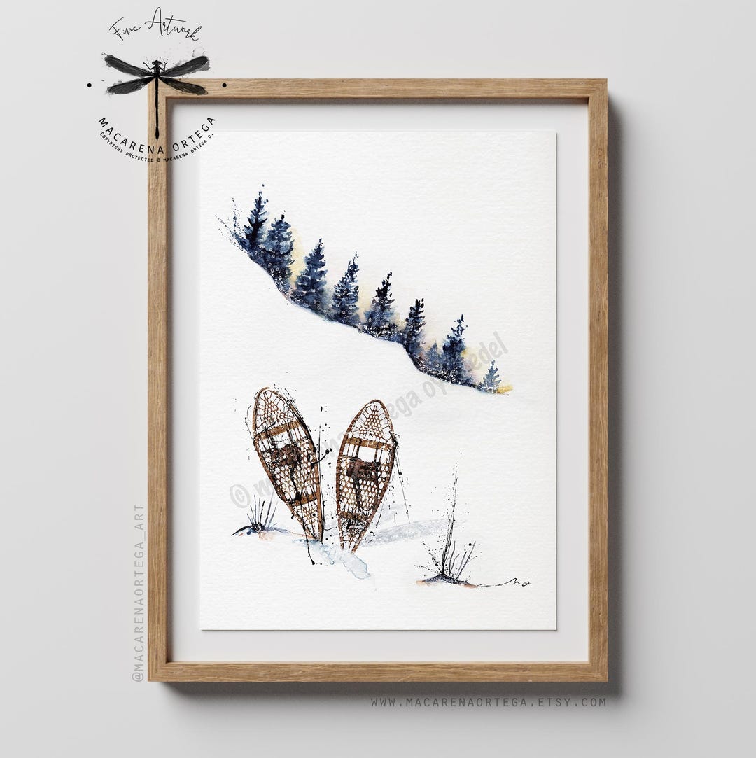 N39 | Old Snowshoes Watercolor Art Print | Vintage Ski Print | Snowy ...