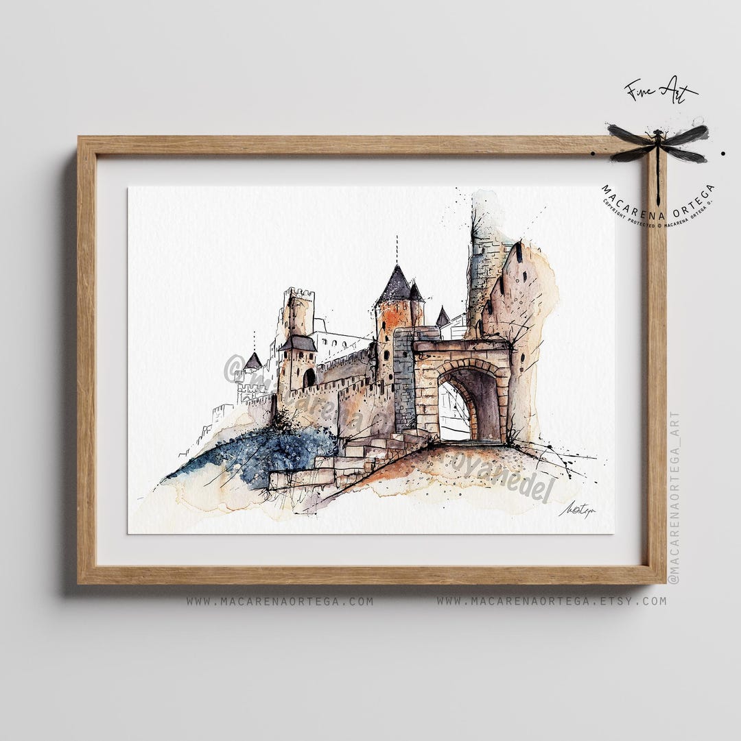 Carcassonne Watercolor Art Print | Medieval Castle Painting France Town ...