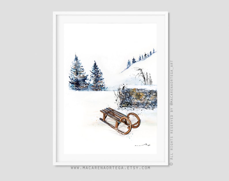 Old SLED Art Sled Painting Wooden Print Ski Watercolor Sport | Etsy