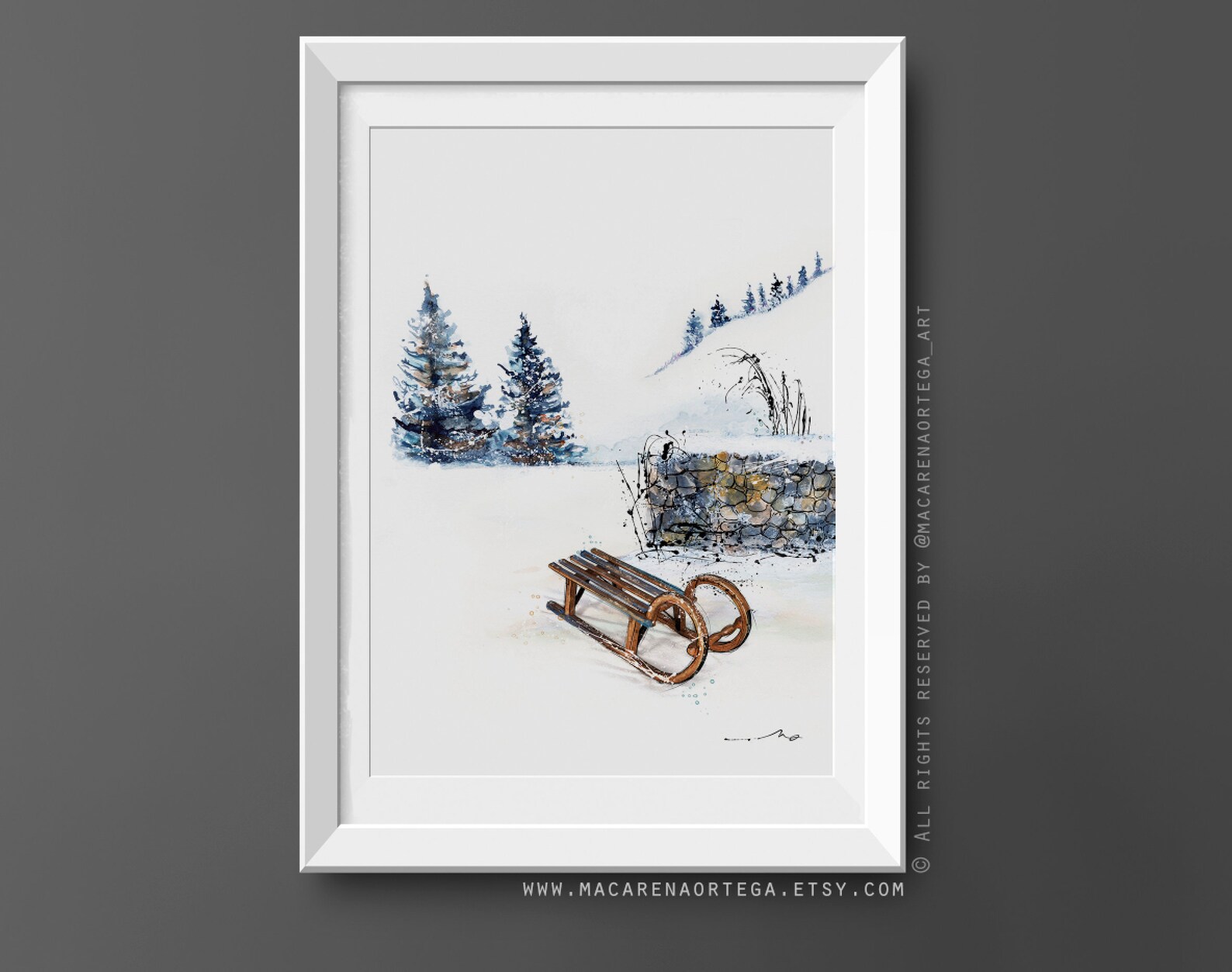 Old SLED art Sled painting wooden print Ski watercolor Sport | Etsy