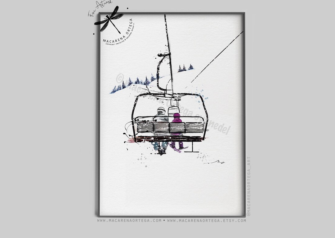 Parent and Child in Chairlift Watercolor Art Print Chairlift Painting ...