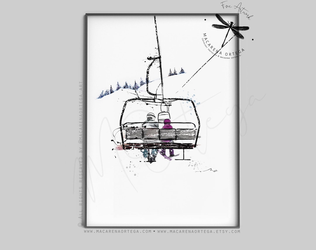 Parent and Child in Chairlift Watercolor Art Print Chairlift Painting ...
