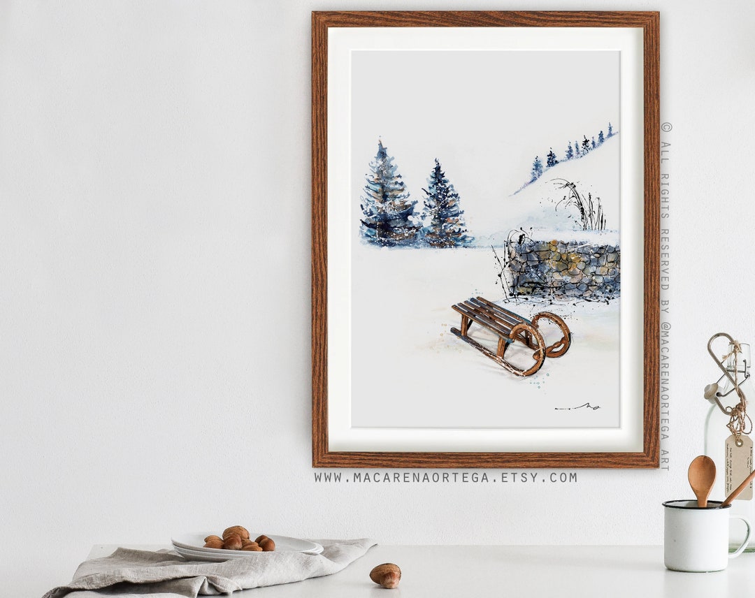 Old SLED Art Sled Painting Wooden Print Ski Watercolor Sport Landscape ...