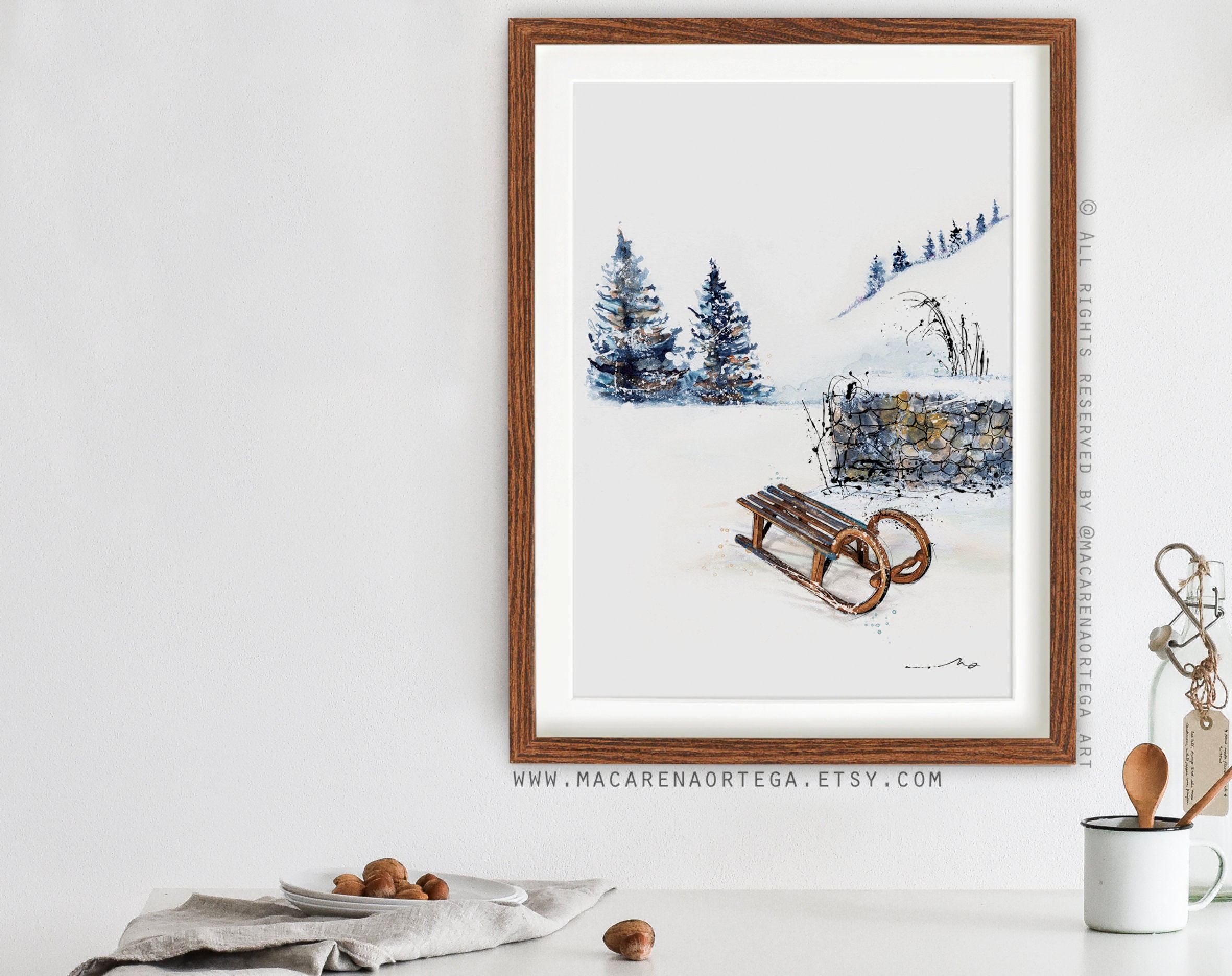 Old SLED art Sled painting wooden print Ski watercolor Sport landscape ...