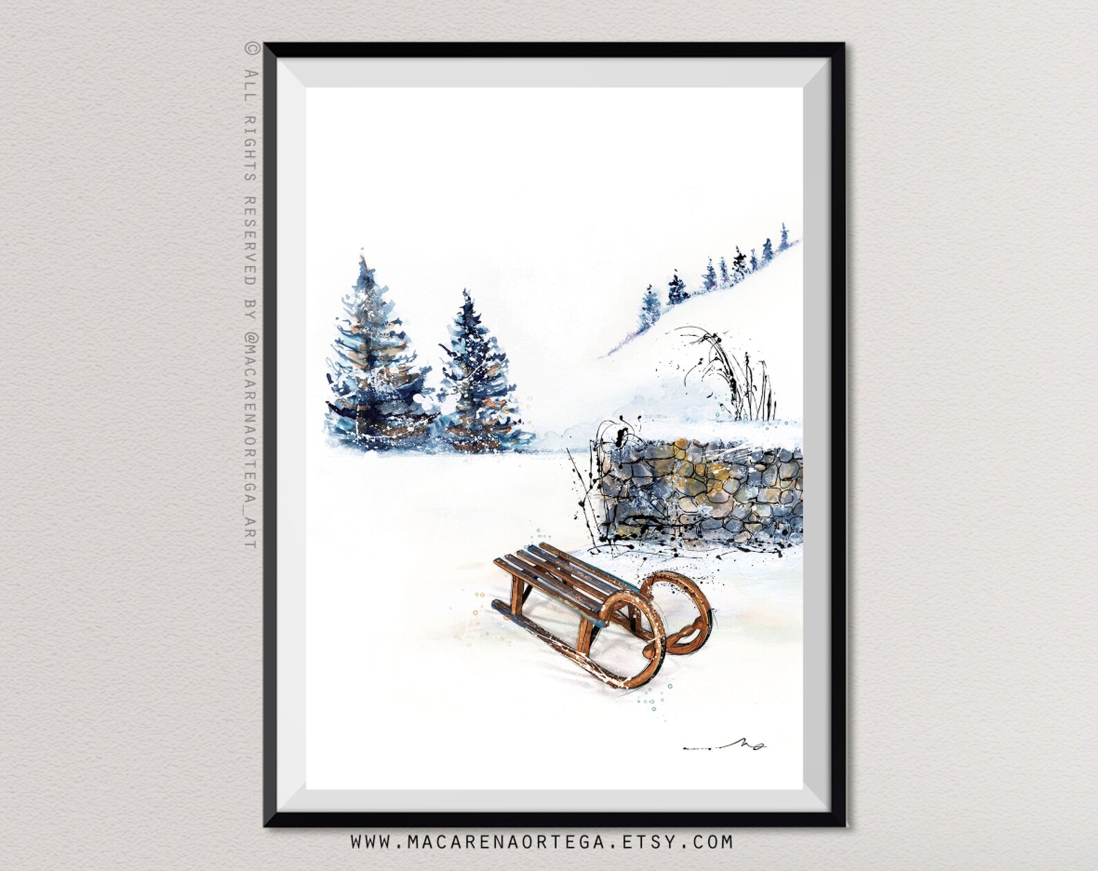 Old SLED Art Sled Painting Wooden Print Ski Watercolor Sport | Etsy