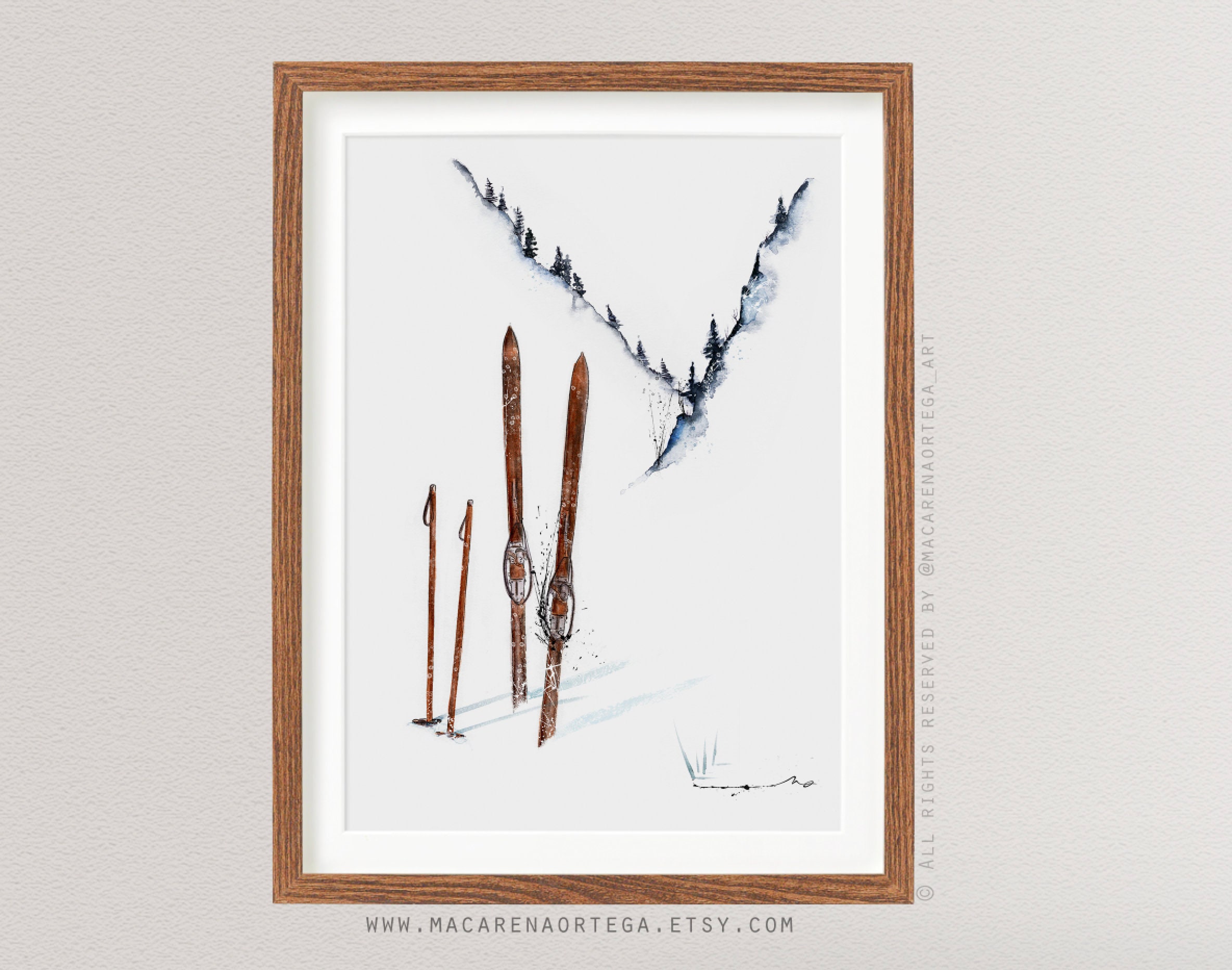 Wooden skis art vintage skis print Ski watercolor Sport skiing art ...