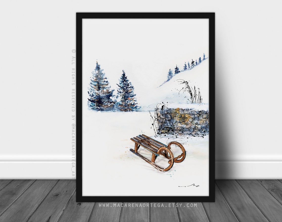 Old SLED art Sled painting wooden print Ski watercolor Sport | Etsy