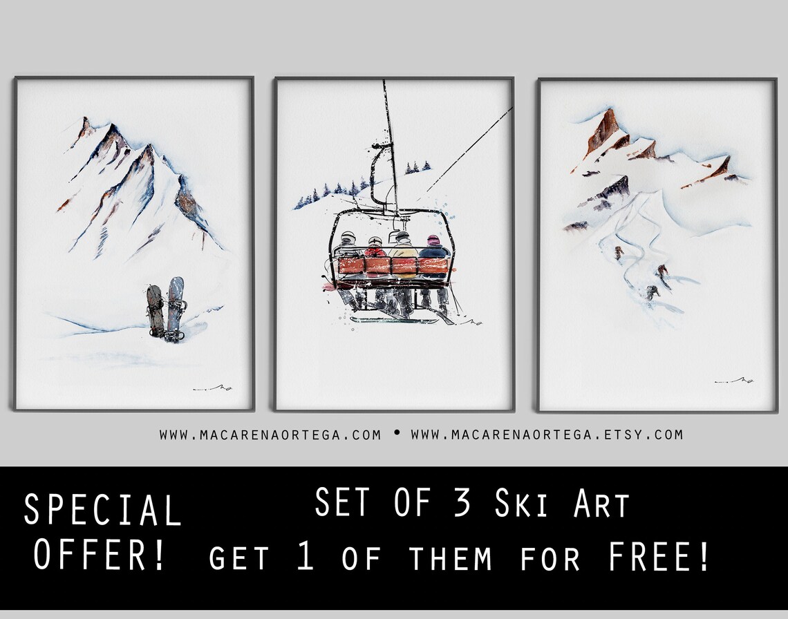 SKIING ART SET of 3 Prints 1 of Them for Free Special Offer - Etsy