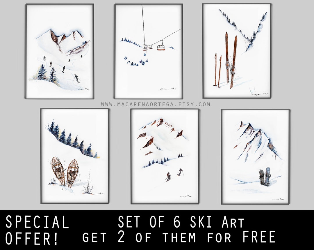 SKIING ART SET of 6 Prints 2 of Them for Free Special Offer - Etsy