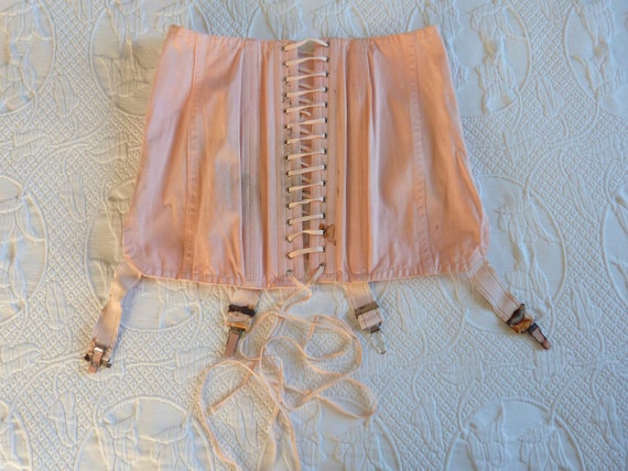 Antique French stays corset garter w bones peach 1920… - Gem