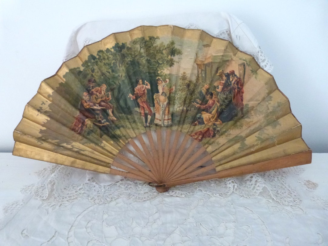 Antique Hand Fan 1900s Folding Fan French Paper W Musicians and Roses ...