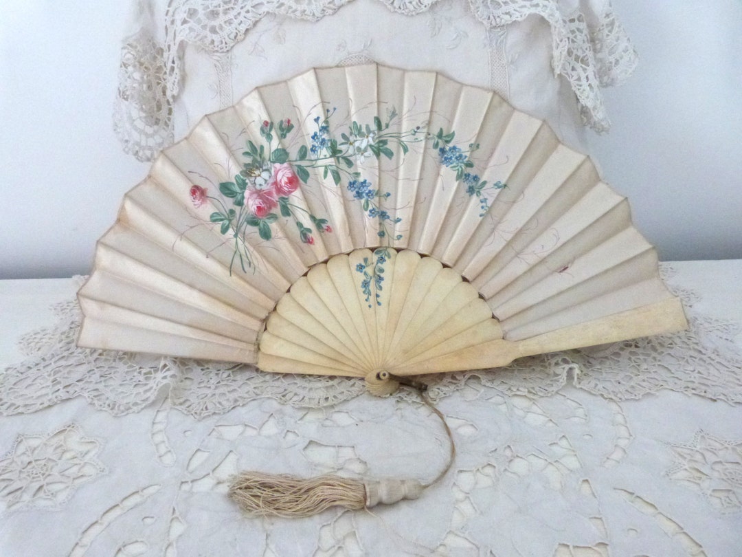 Antique Hand Fan 1800s Folding Fan French Chateau Hand Painted Silk W ...
